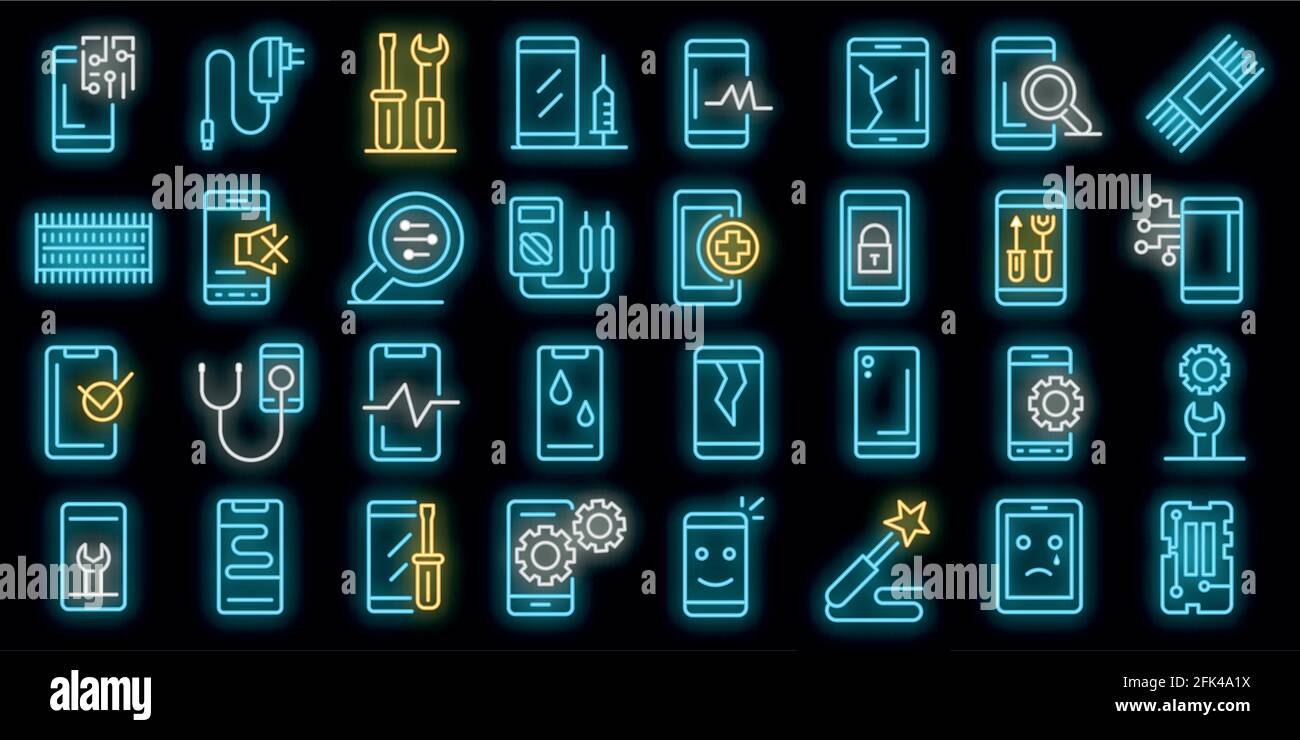 Mobile phone repair icons set. Outline set of mobile phone repair ...