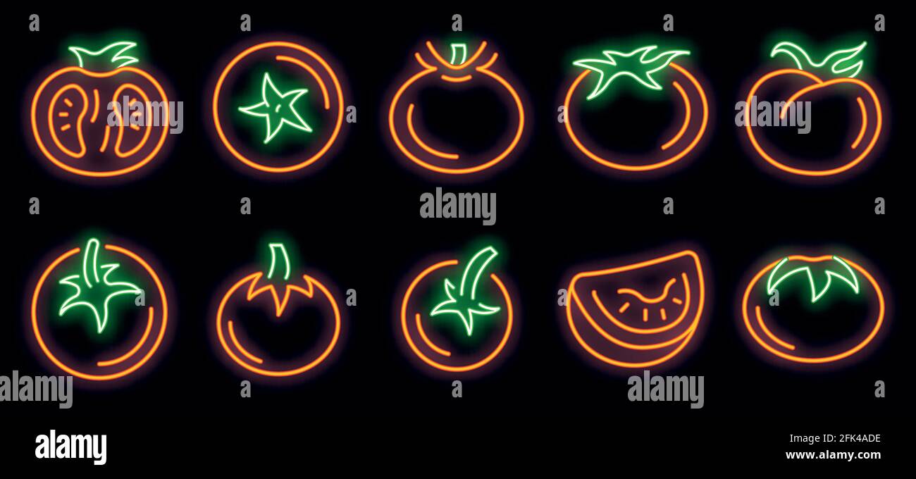 Tomato icons set. Outline set of tomato vector icons neon color on ...