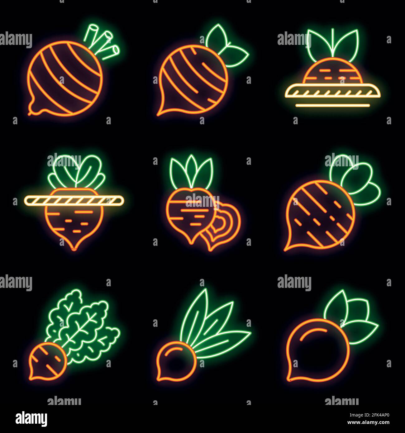Beet icons set. Outline set of beet vector icons neon color on black ...