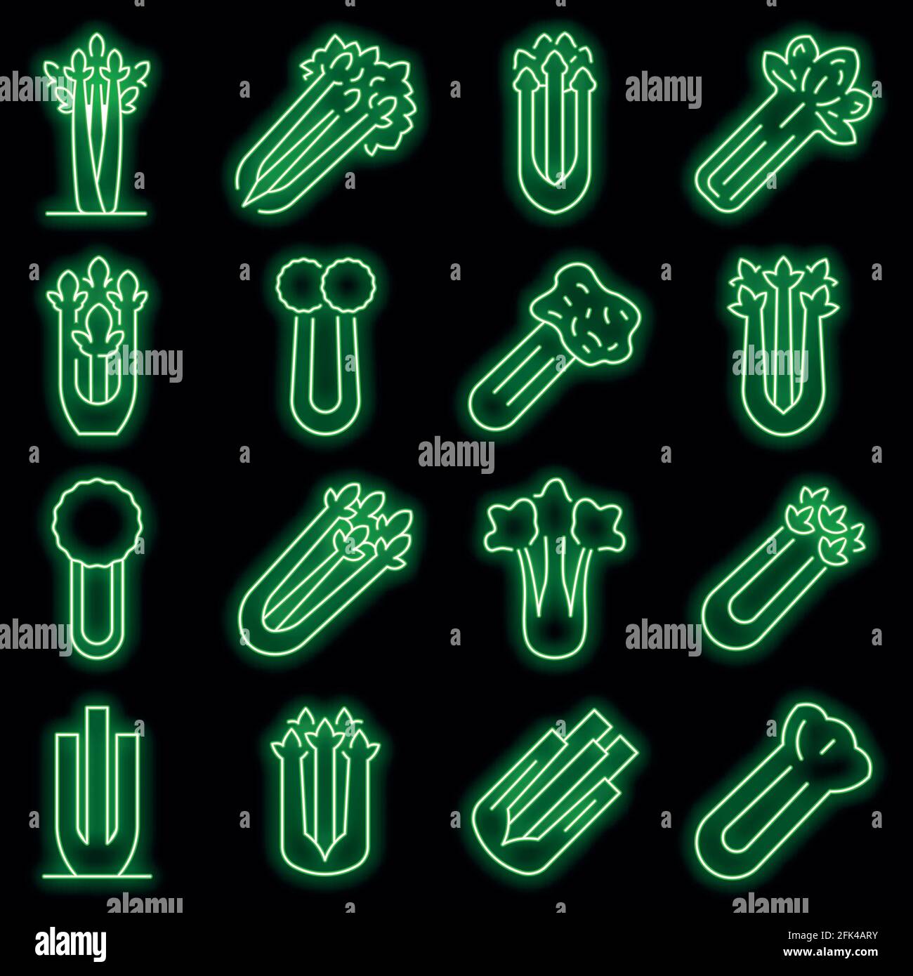 Celery icons set. Outline set of celery vector icons neon color on ...