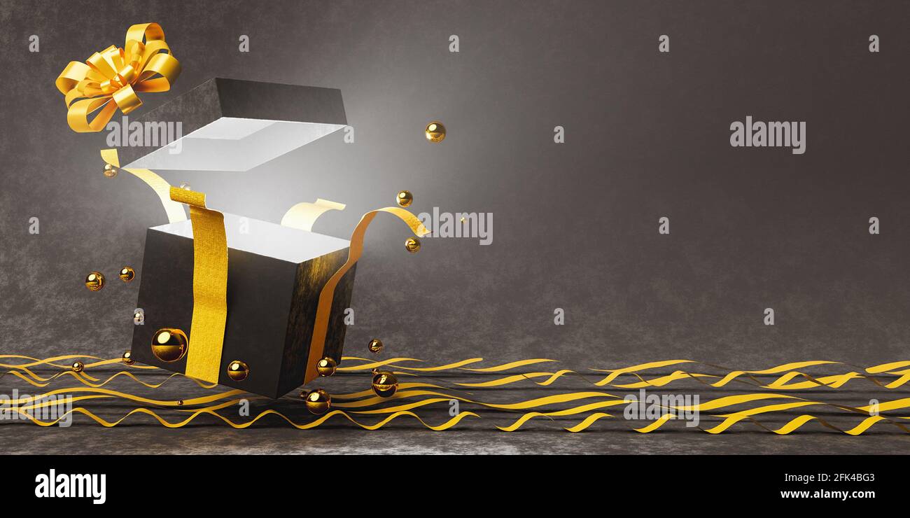 open gift box with light coming out and golden spheres Stock Photo - Alamy