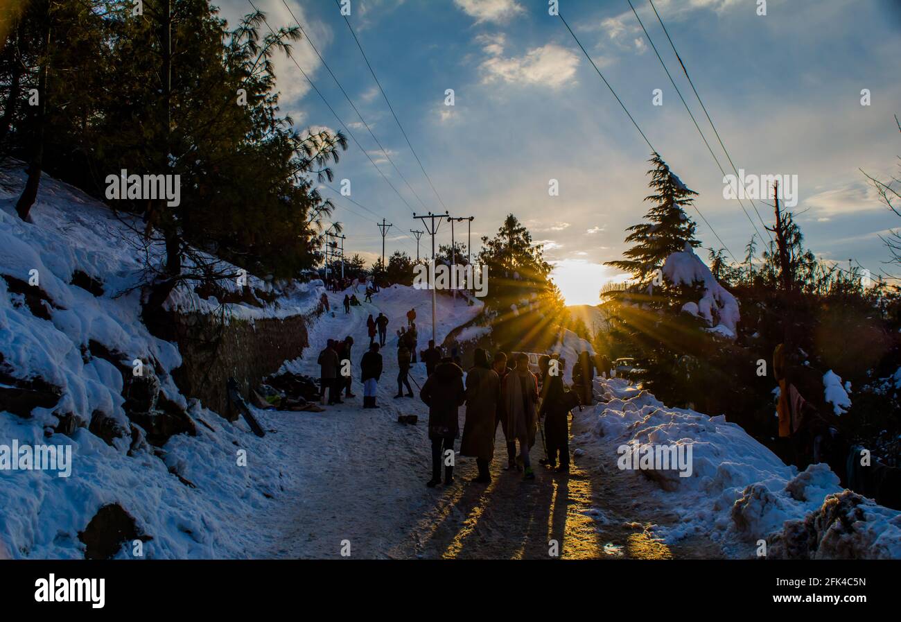 roads covered by snow between mountains of Patnitop and nathatop Jammu ...