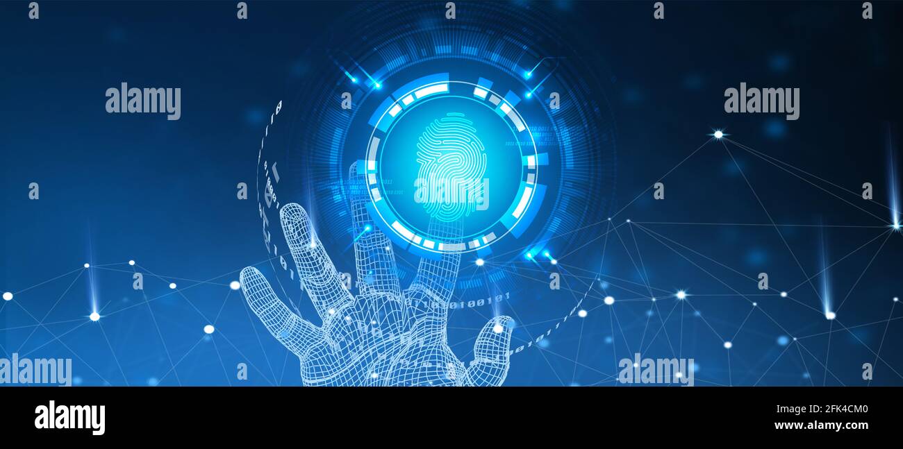Hi tech human hand with touchscreen fingerprint on dark blue technology ...