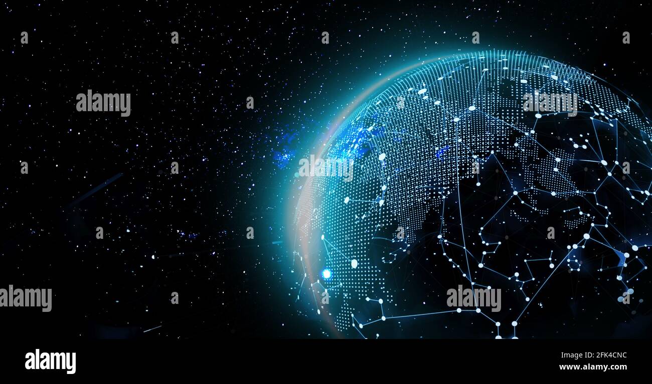 Planet Earth in outer space. Imaginary view of blue glowing earth ...