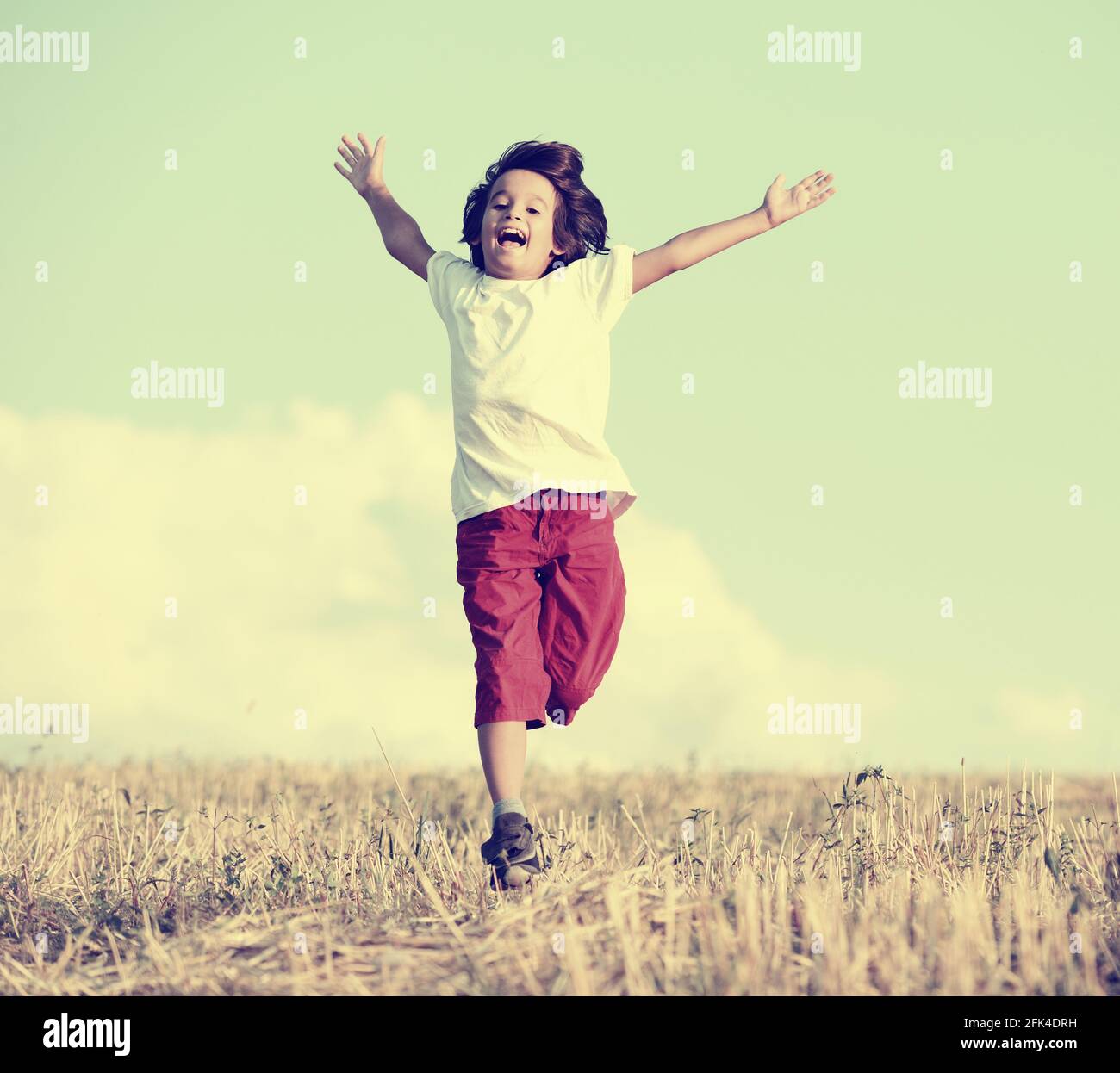 Happiness and freedom. Kid standing in nature with large copy space ...