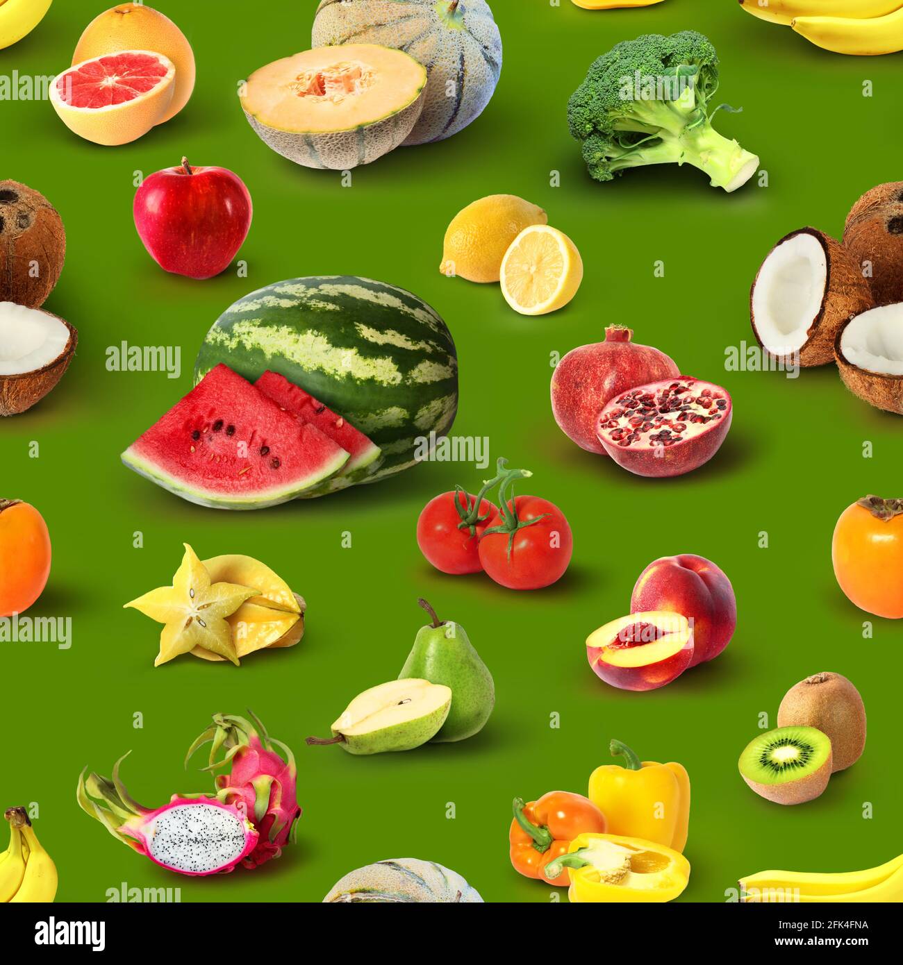 Seamless texture of different fruits on green background Stock Photo ...