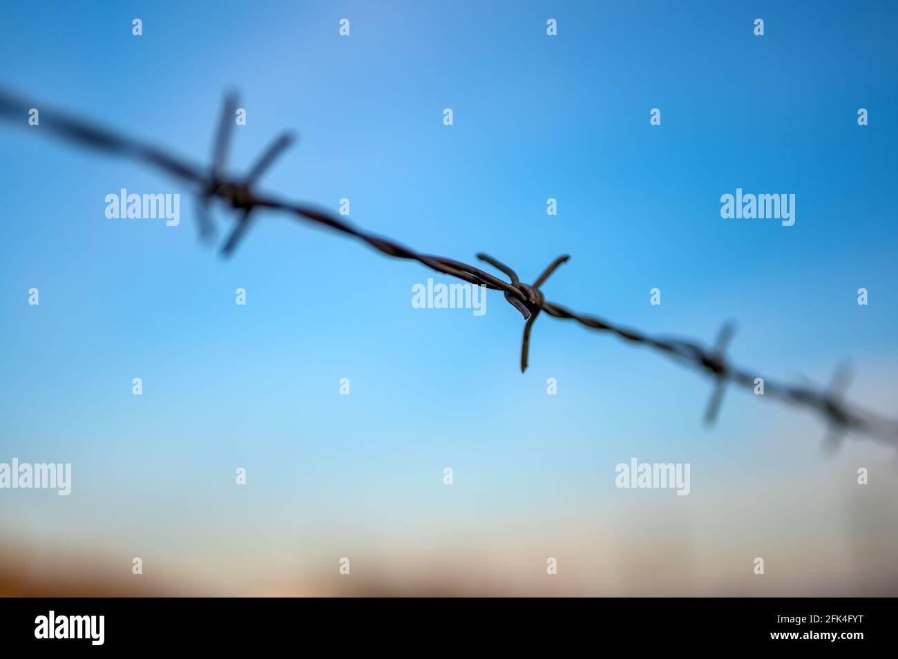 View on a barbed wire against the sky Stock Photo - Alamy