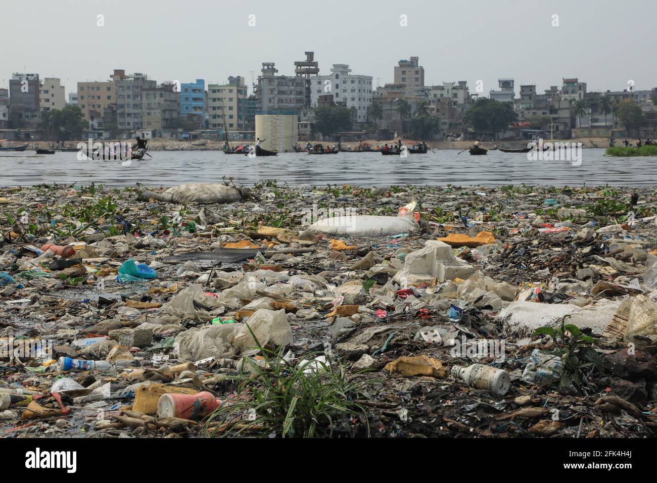 Dhaka, Bangladesh. 28th Apr, 2021. Waste plastics on the banks as ...