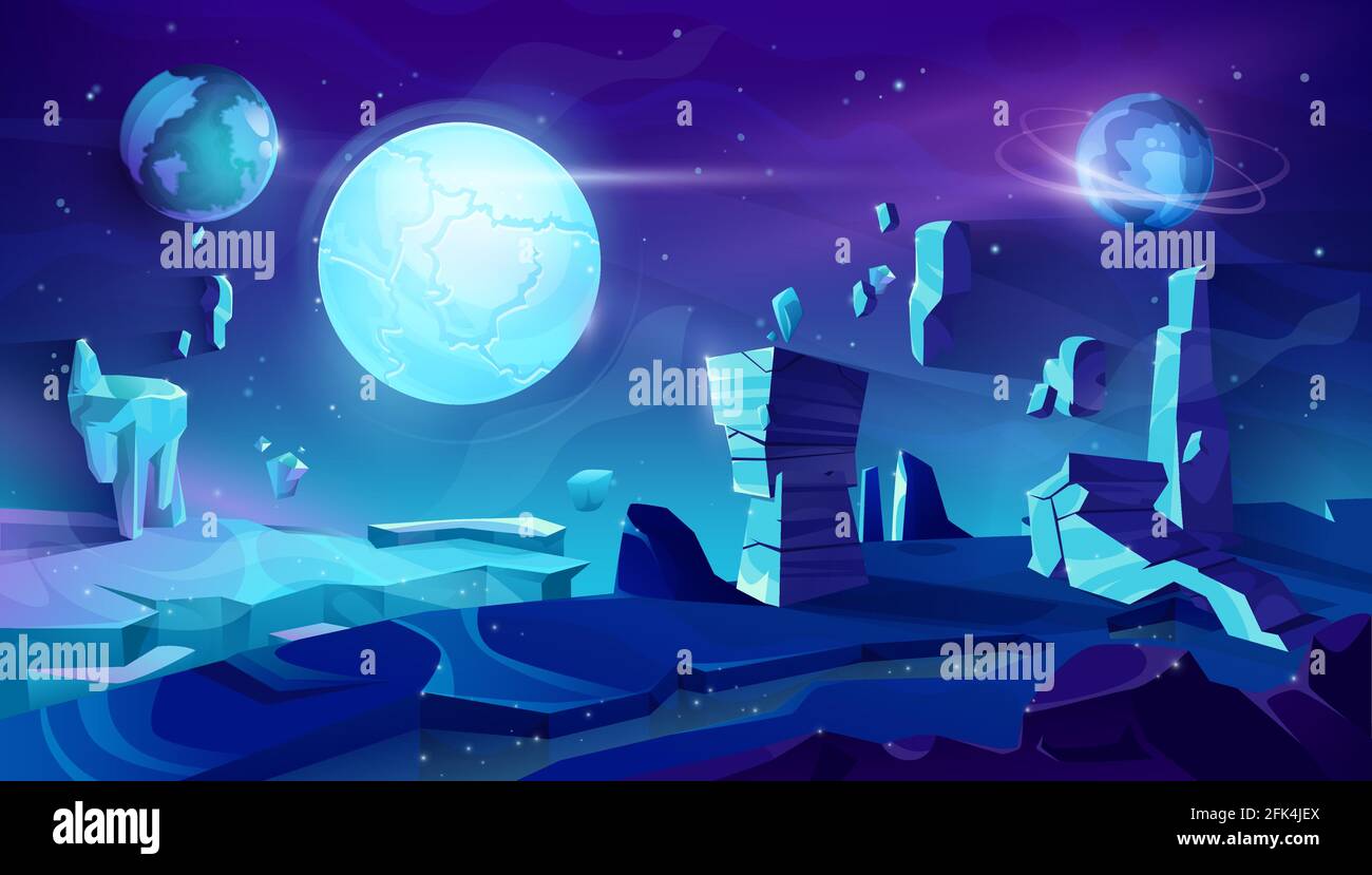 Alien planet landscape, space night vector background with flying rocks ...