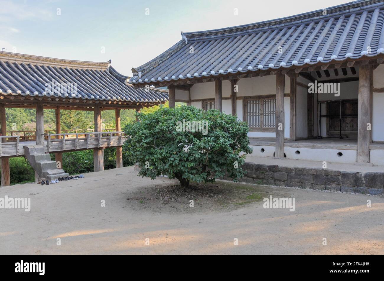 Courtyard with small tree and traditional korean buildings from it’s ...