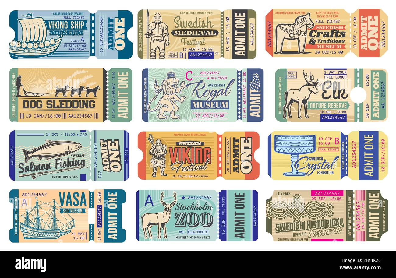 Sweden history museum vector tickets. Viking medieval festival, dog ...