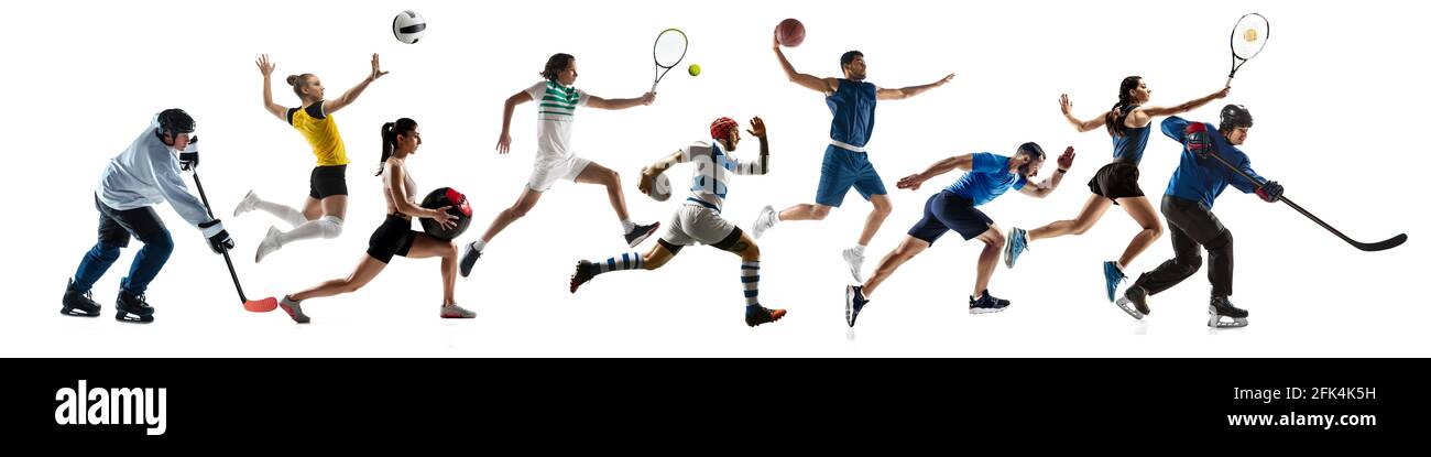 Collage of different professional sportsmen, fit people in action and ...