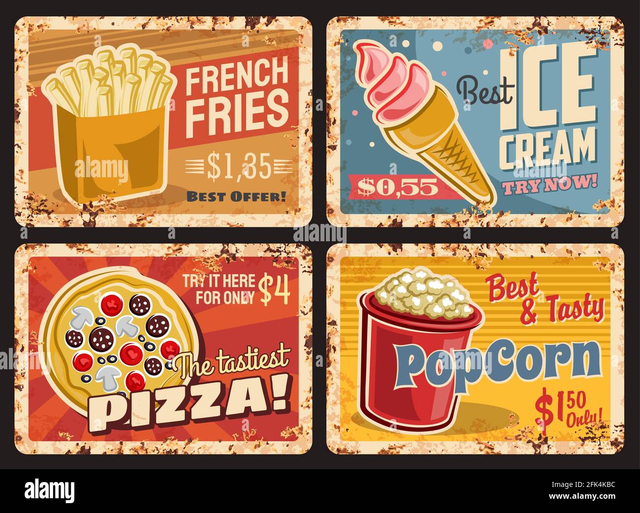 Fast food restaurant or cafe rusty metal plate. French fries, ice-cream ...