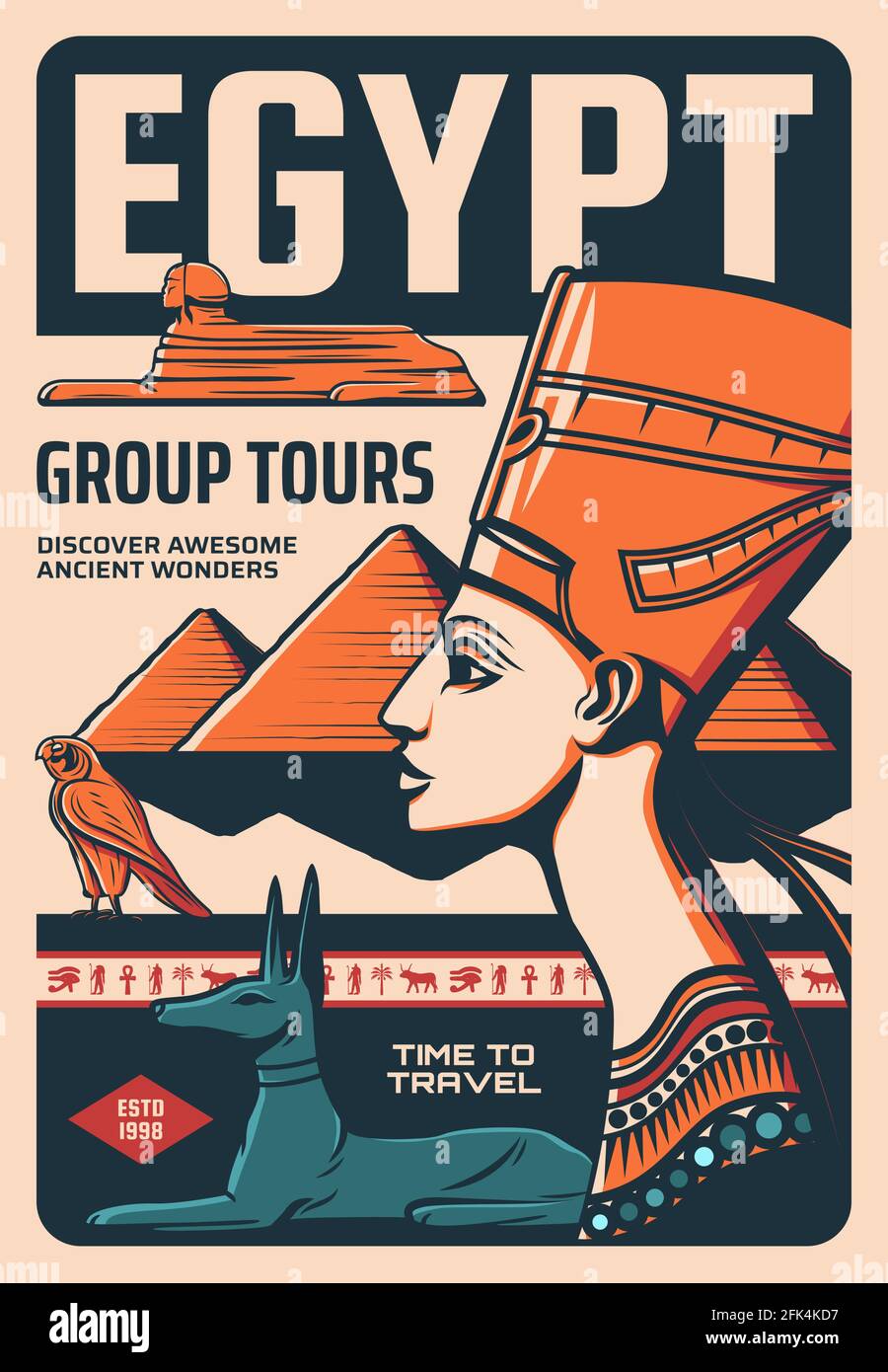 Egypt group tours retro vector poster, ancient egyptian culture ...