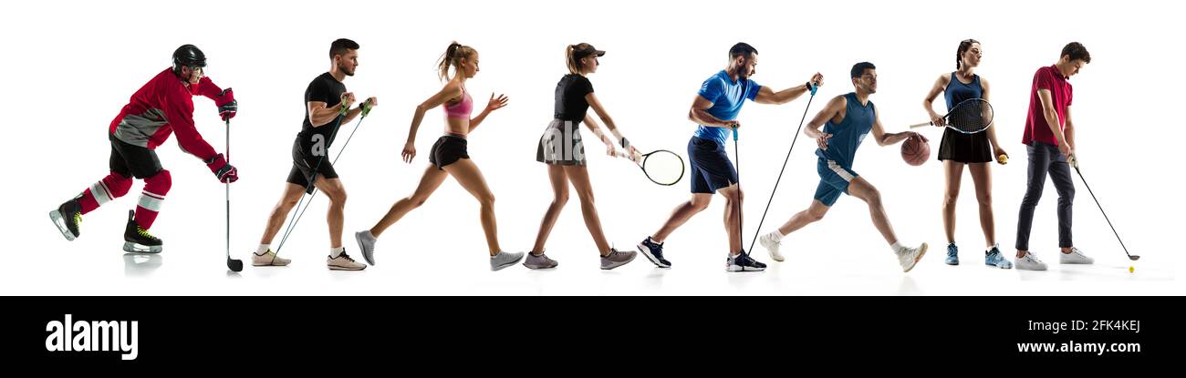 Collage of different professional sportsmen, fit people in action and ...