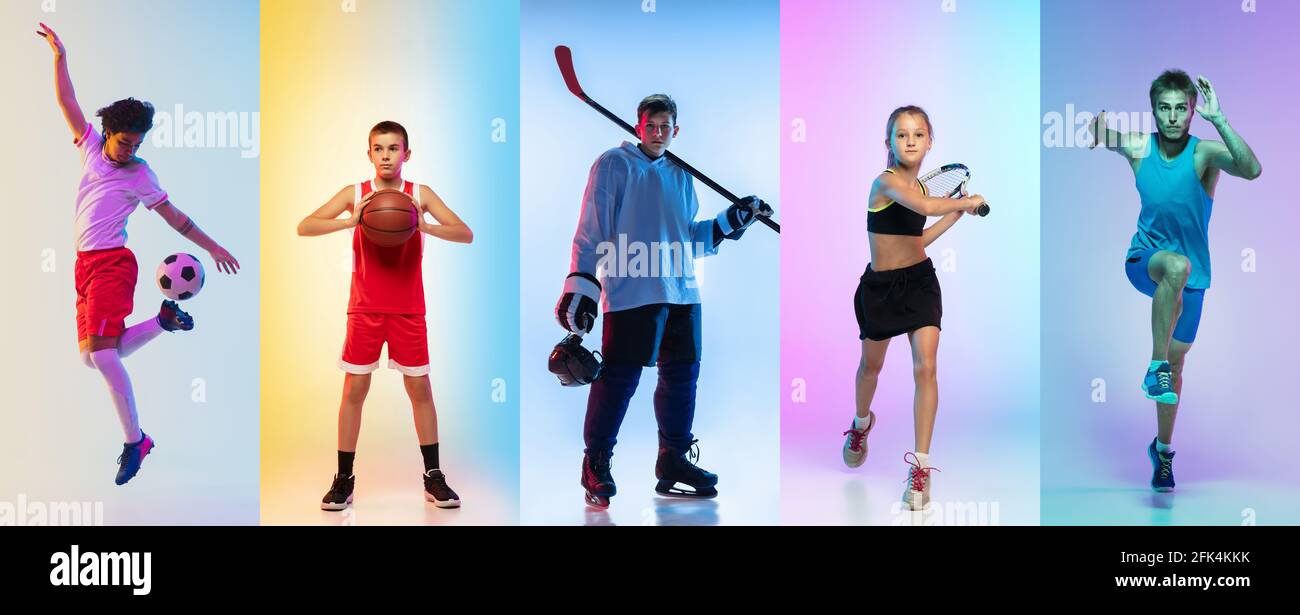 Collage of different professional sportsmen, fit people in action and ...