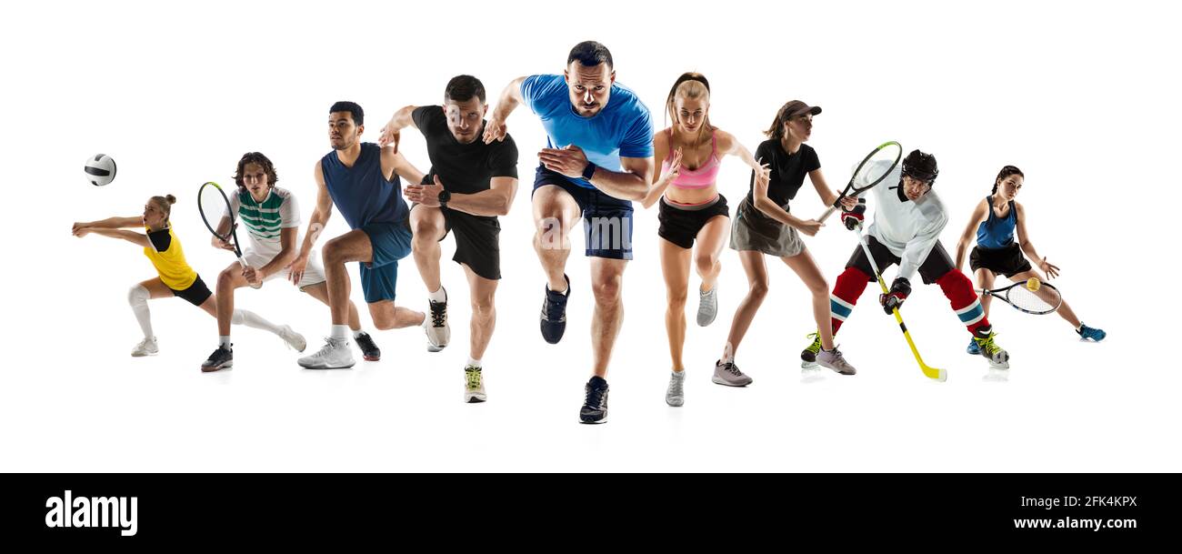 Collage of different professional sportsmen, fit people in action and ...