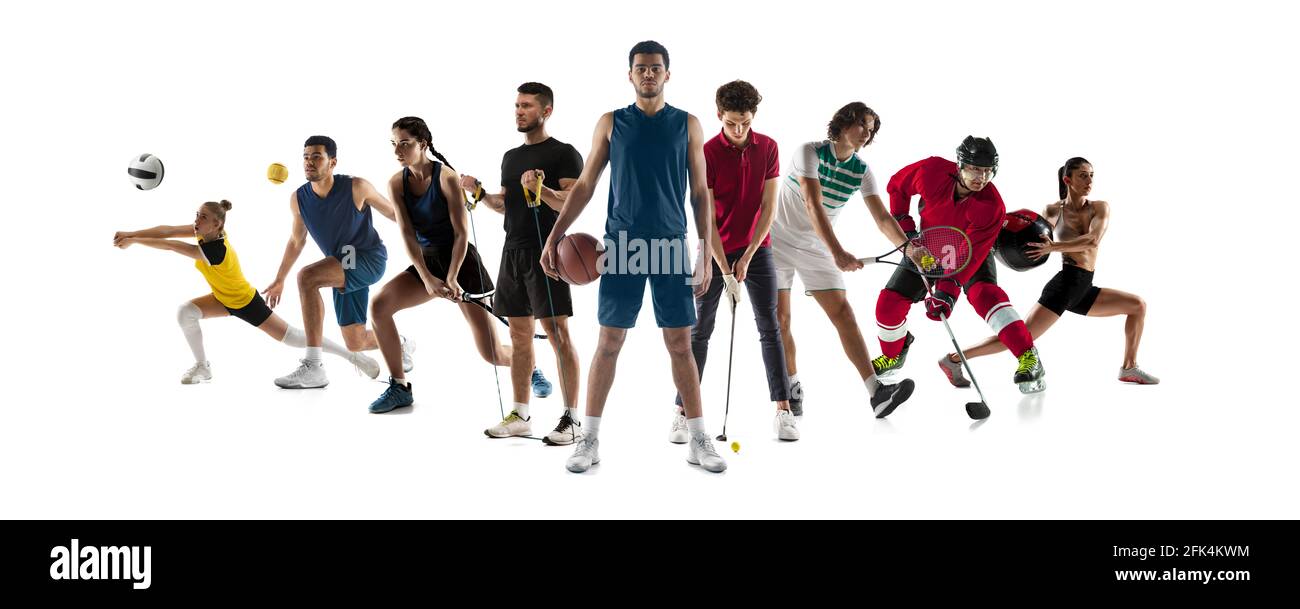 Collage of 8 different professional sportsmen, fit people in action and ...