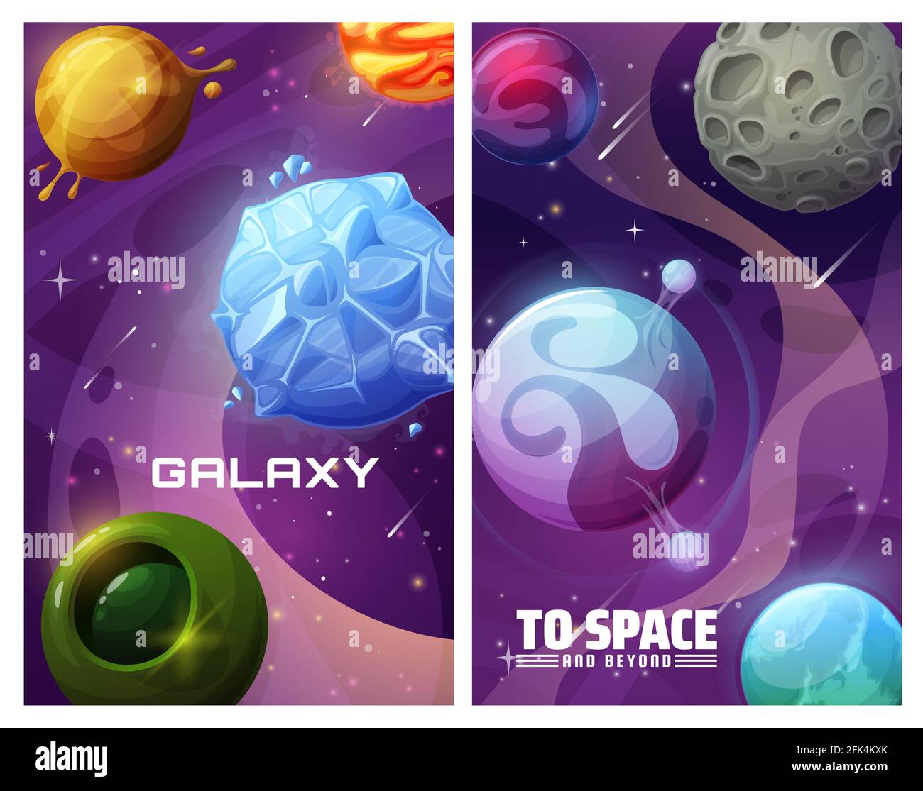 Galaxy fantasy worlds, alien planets systems in space background. Ice ...