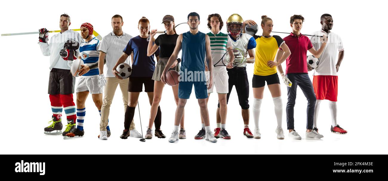 Collage of 10 different professional sportsmen, fit people in action ...