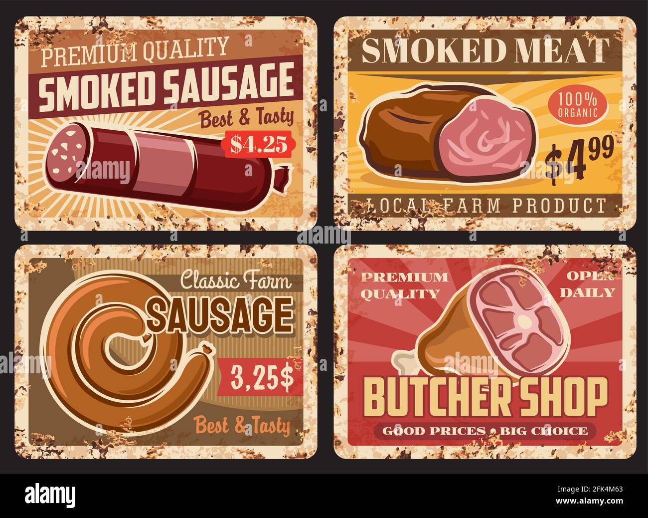 Smoked sausages and meat rusty metal plates. Butchery or butcher shop ...