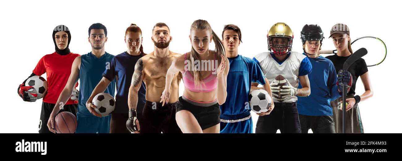 Collage of 8 different professional sportsmen, fit people in action and ...