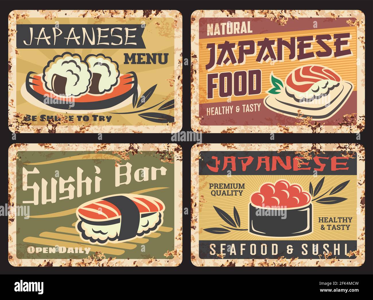 Japanese cuisine seafood rusty metal plate. Sushi bar, restaurant menu ...