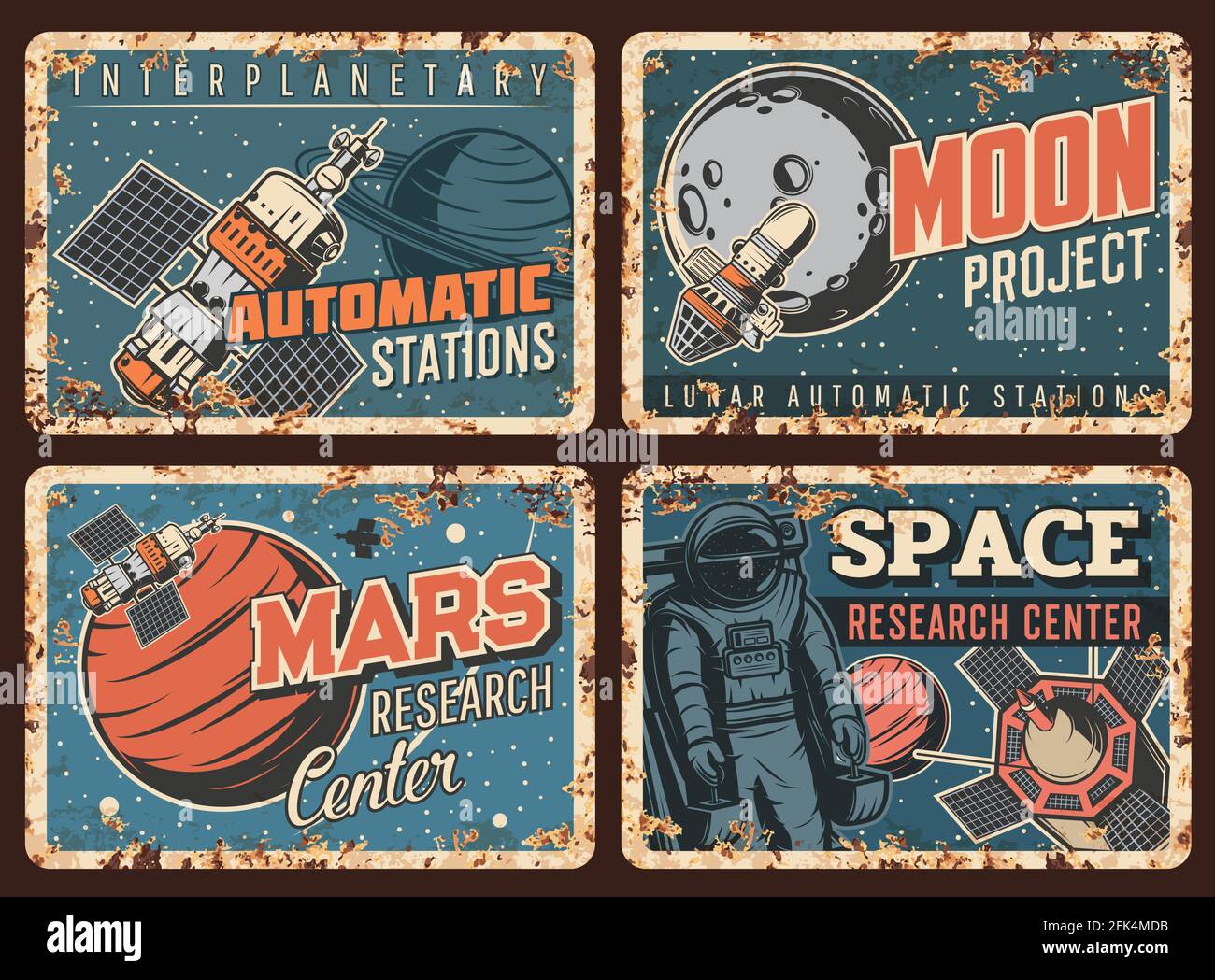Space galaxy metal plates rusty, astronauts and universe planets ...