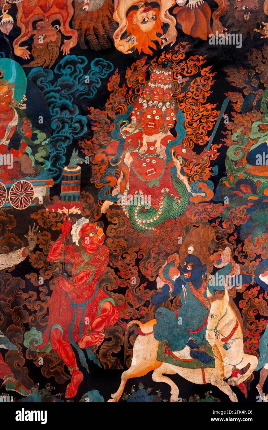 Ancient Buddhist painting on an interior wall of the Drepung Monastery ...