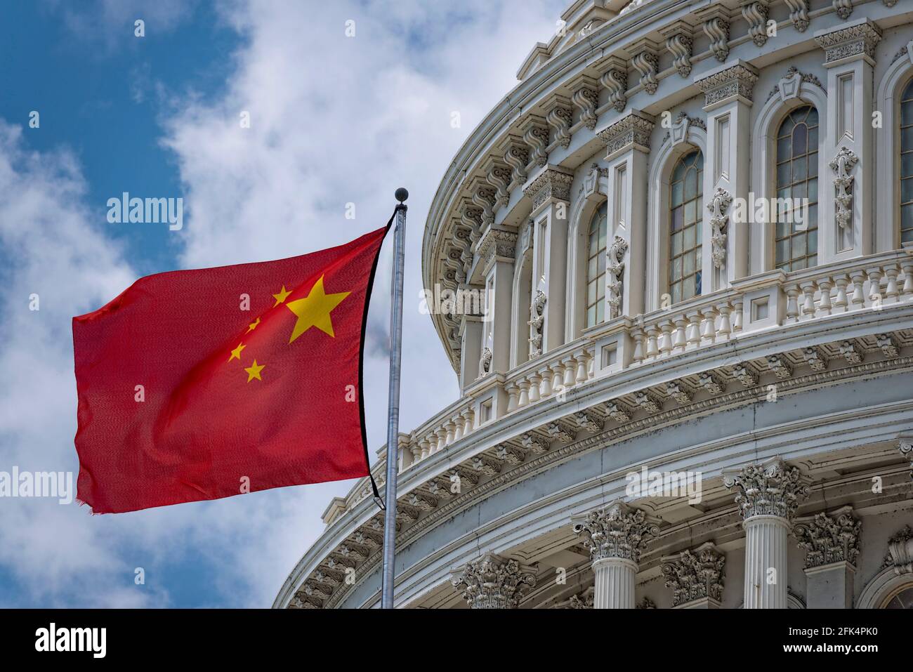 China flag waving on Washington DC Capitol dome detail with waving ...