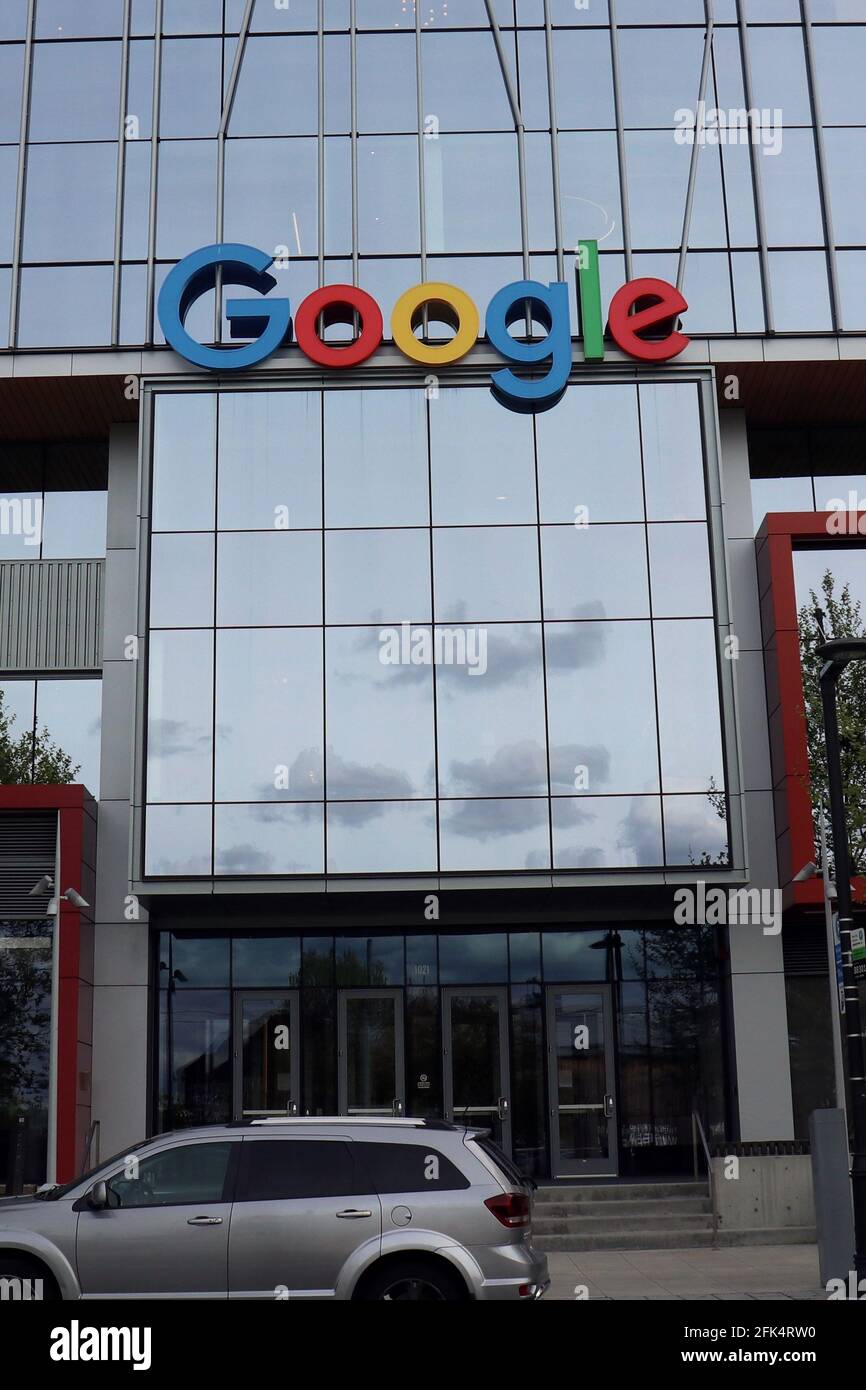 The Google logo seen at the entrance to Google Cloud campus in Seattle ...