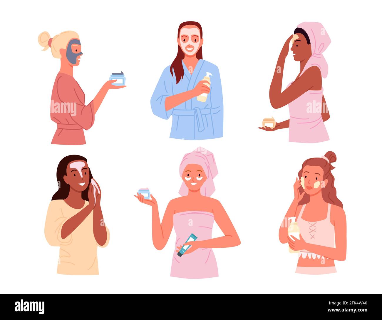 Cartoon young happy beautiful female characters clean and care face ...