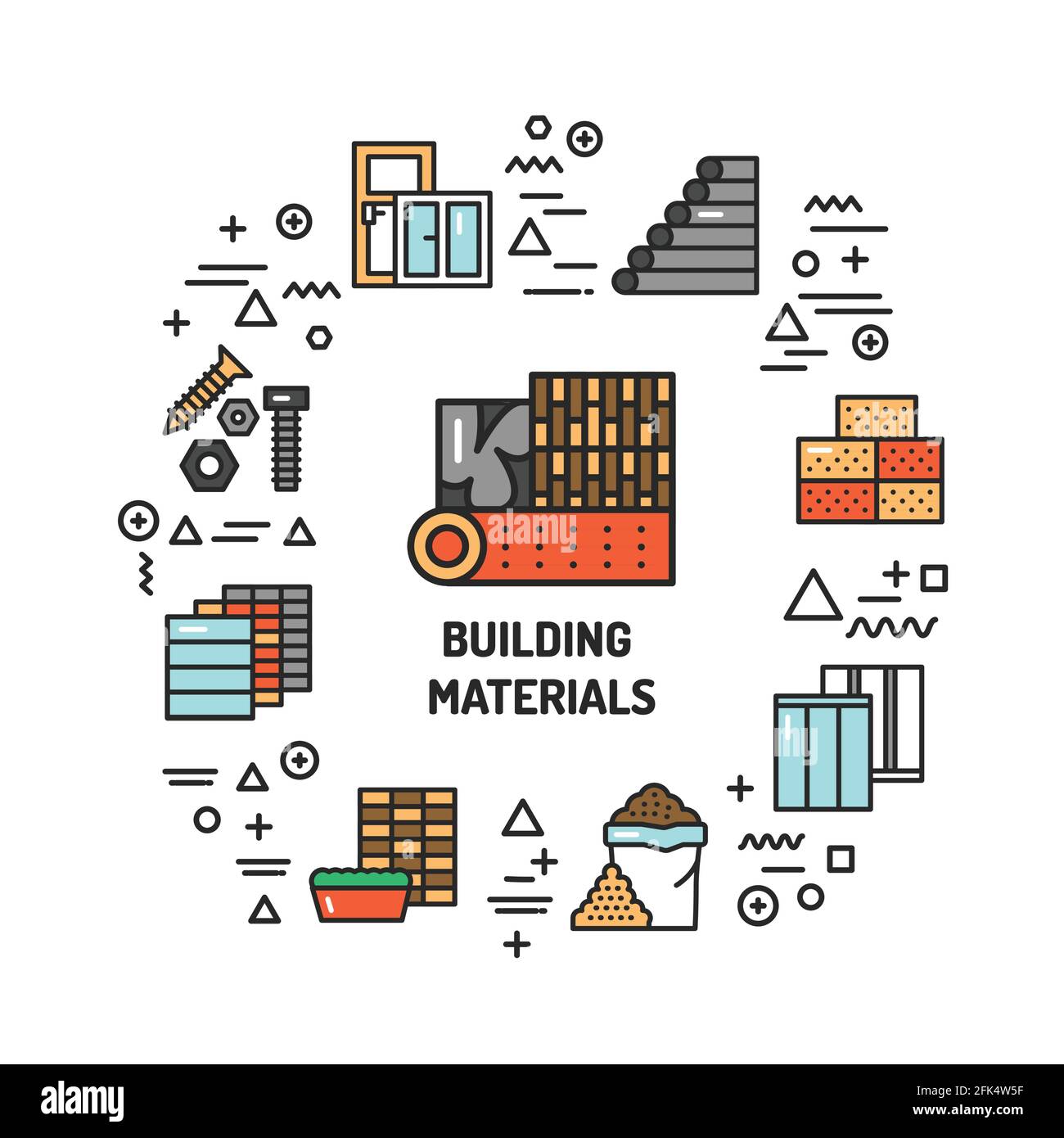 Construction materials web banner. Infographics with linear icons on ...