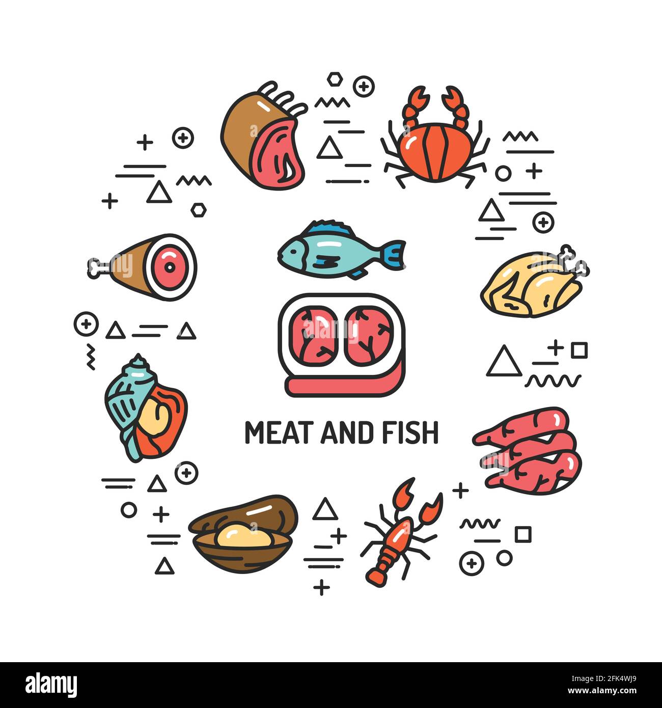 Meat and fish web banner. Infographics with linear icons on white ...