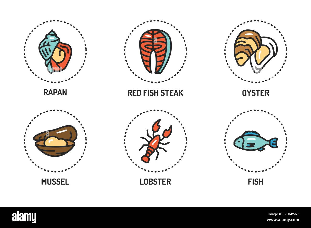 Seafood color line icons set. Isolated vector element. Outline ...