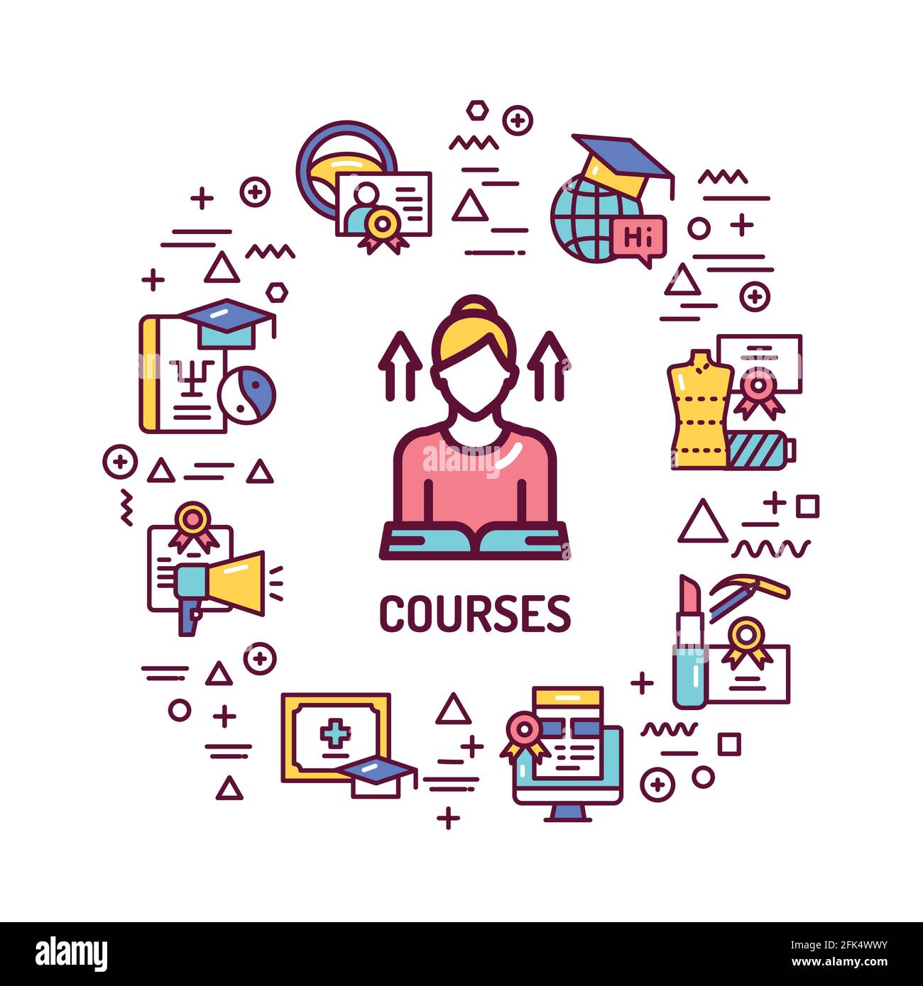 Courses web banner. Infographics with linear icons on white background ...