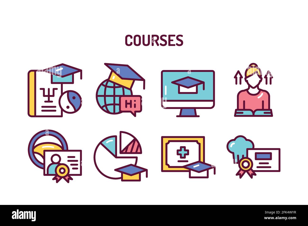 Courses training color line icons set. Outline pictograms for web page, mobile app, promo Stock ...