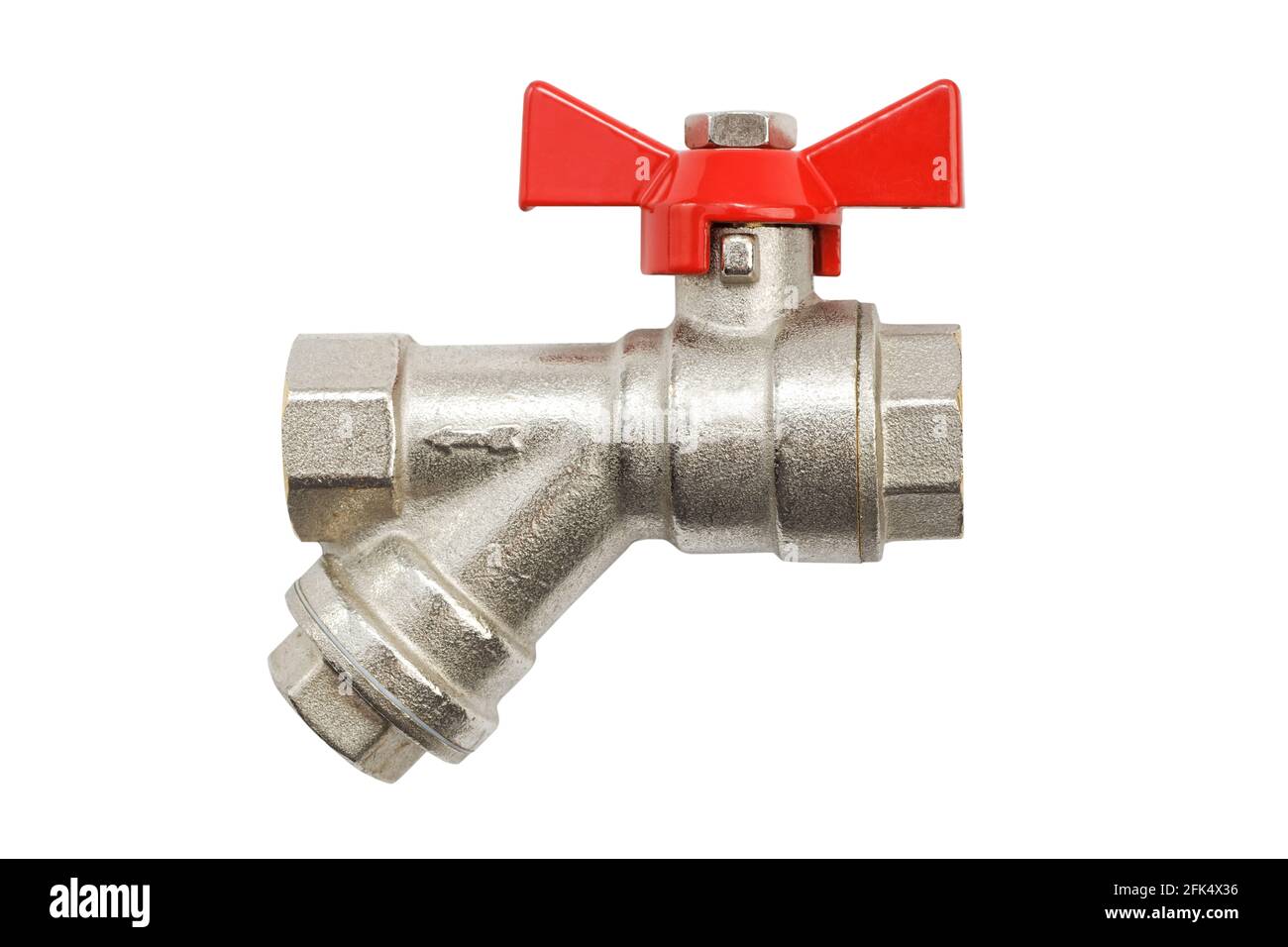Closeup water valve with coarse filter and red arm isolated on white ...