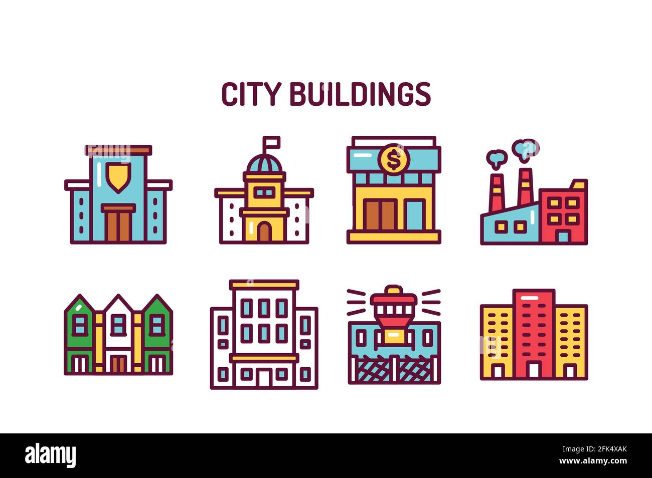 City buildings color line icons set. Isolated vector element. Outline ...