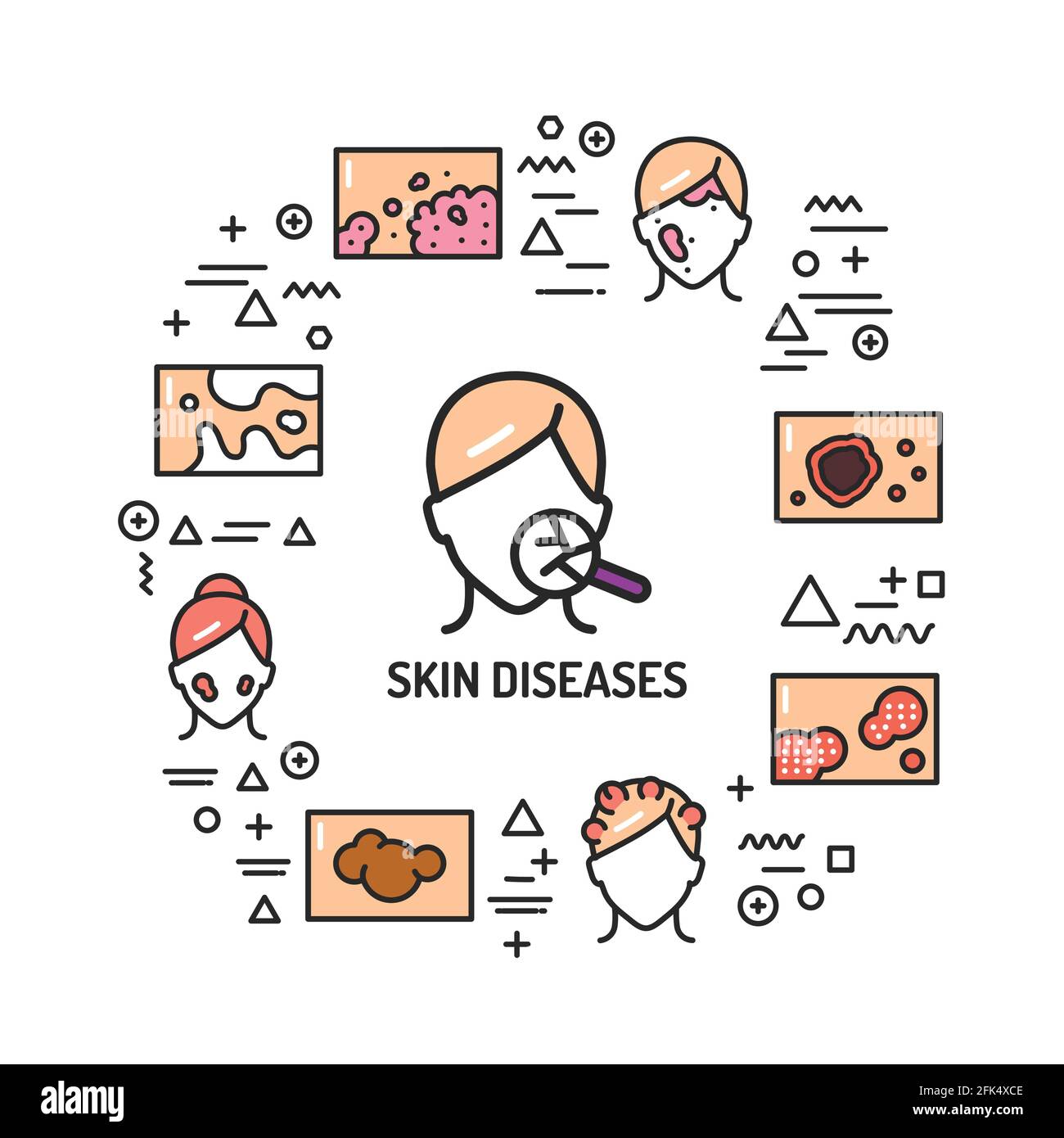 Skin diseases web banner. Infographics with linear icons on white ...
