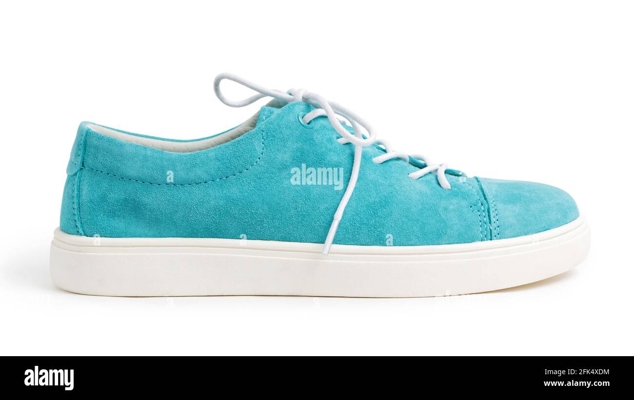 New blue suede walking shoe isolated on white background. Side view ...