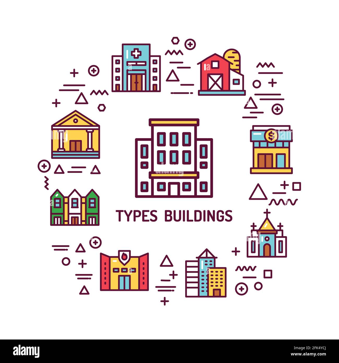 Types buildings web banner. Infographics with linear icons on white ...