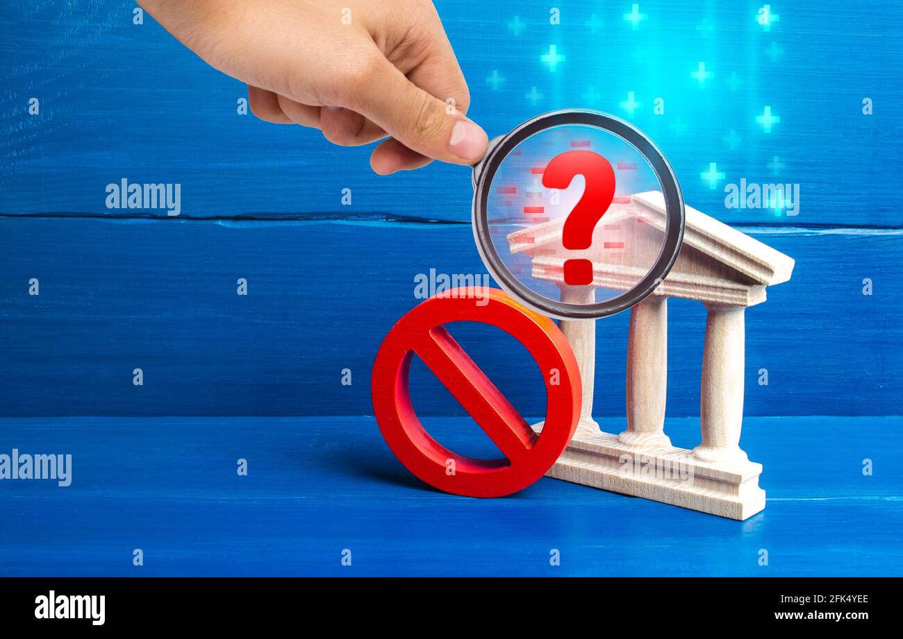 Bank and red prohibition symbol NO. Bankrupt bank liquidation procedure ...