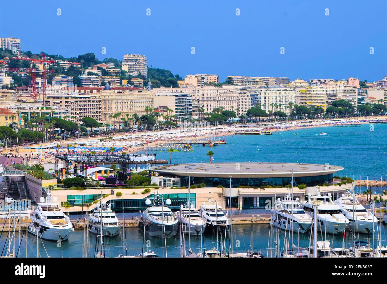 Cannes, France, 2019. Aerial panoramic view of the Old Port, beach and ...