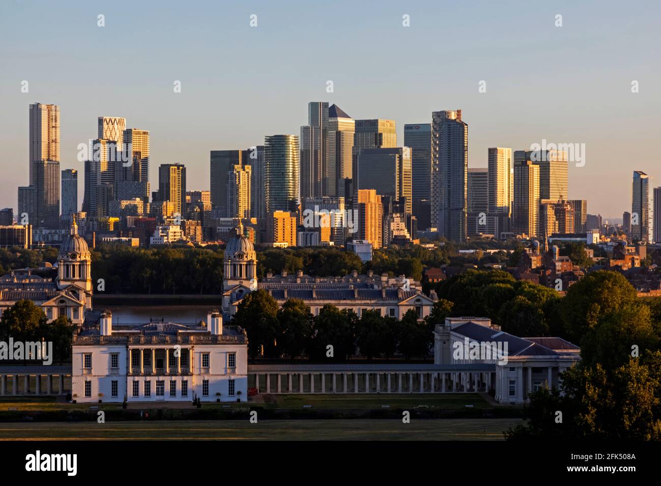 England, London, Greenwich, View of The Queens House and Docklands ...