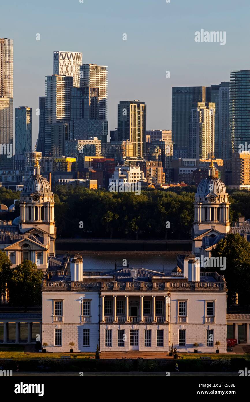 England, London, Greenwich, View of The Queens House and Docklands ...