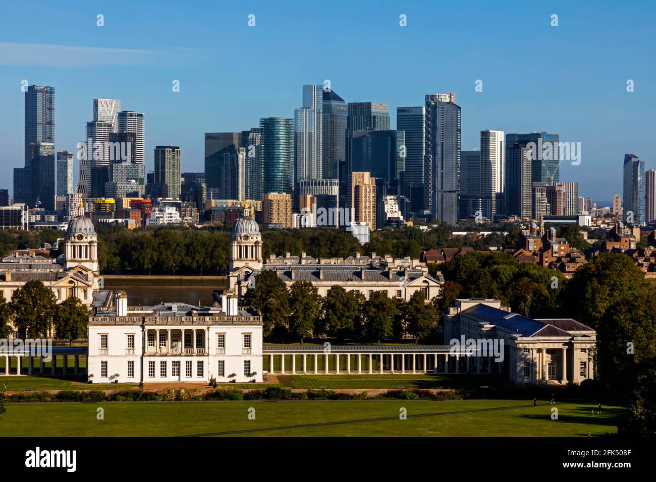 England, London, Greenwich, View of The Queens House and Docklands ...