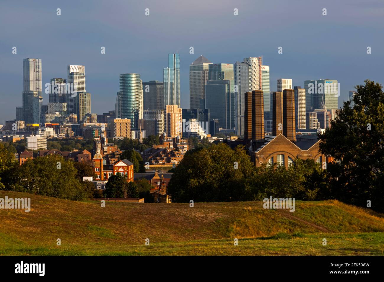 England, London, Greenwich, View of Docklands Skyline from Greenwich ...