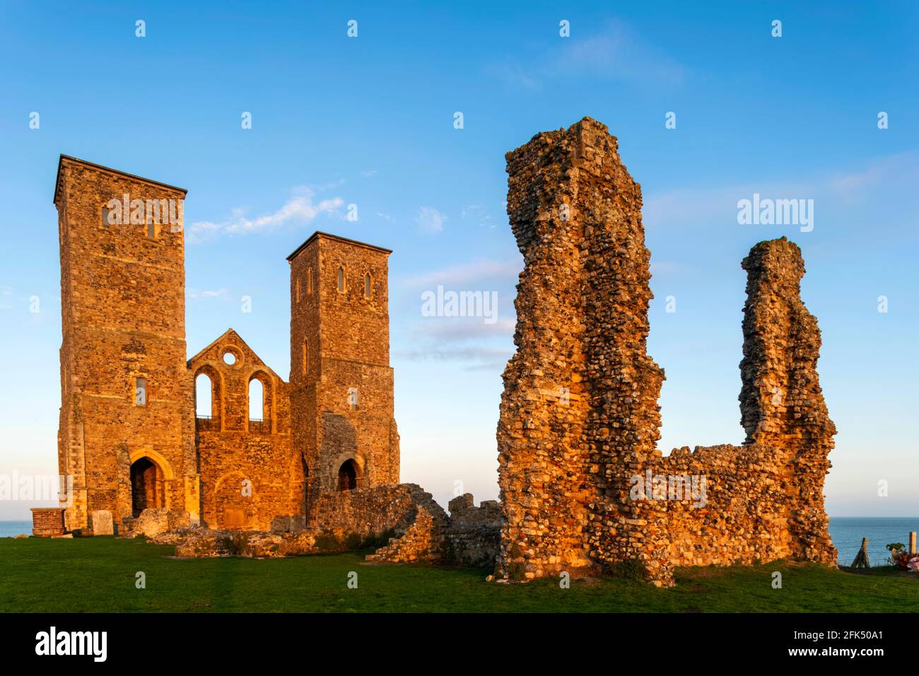 England, Kent, Herne Bay, Reculver Towers and Roman Ruins of Roman Fort ...