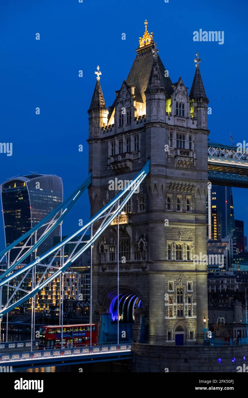 England, London, Tower Bridge and The City of London Skyline at Night ...